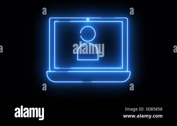 Neon blue laptop icon with a person outline displayed on screen Black ...