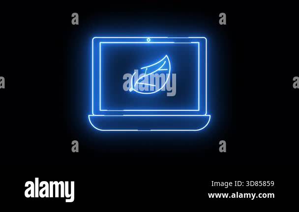 A neon blue outline of a laptop screen displays a leaf symbol against a ...
