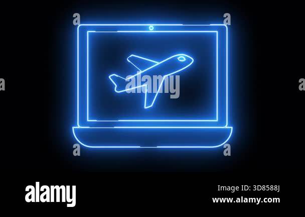 A neonlit laptop displays an airplane taking off against a black ...