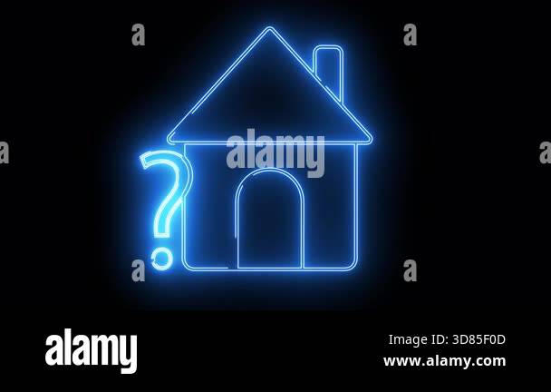 Neon blue house outline with a question mark alongside it against a ...