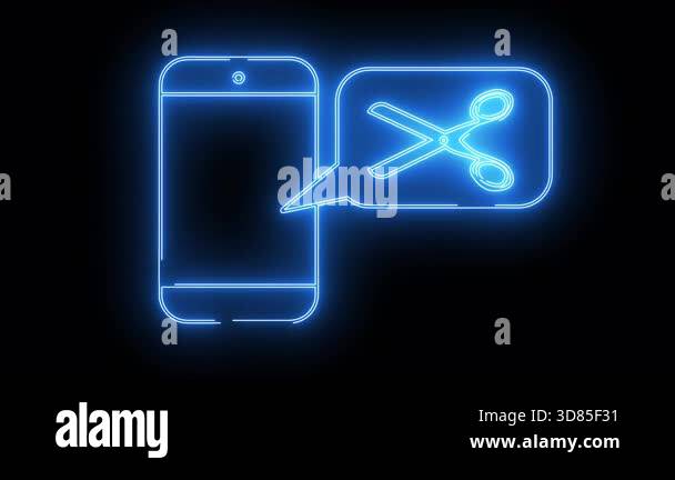 A neon blue smartphone displays a message bubble with scissors set ...
