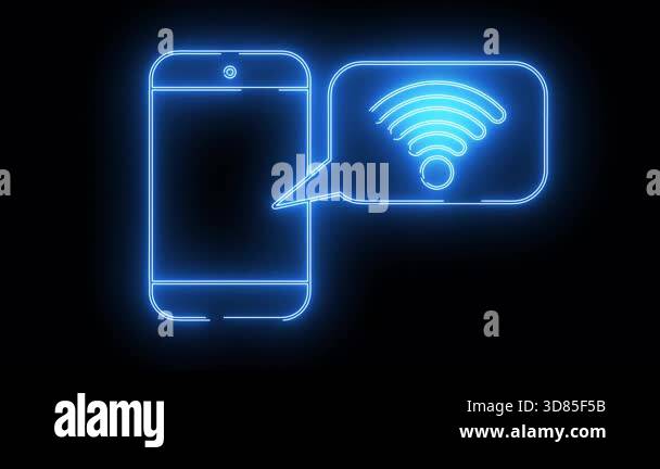 A blue neon outline of a phone with a WiFi icon in a speech bubble on a ...