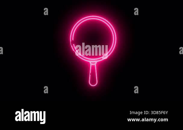 A pink neon magnifying glass outlined in bright light against a stark ...