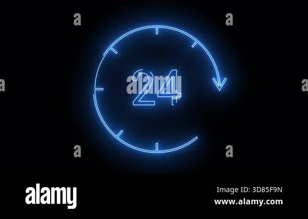 Glowing blue neon 24hour clock icon with an arrow in a dark featureless ...