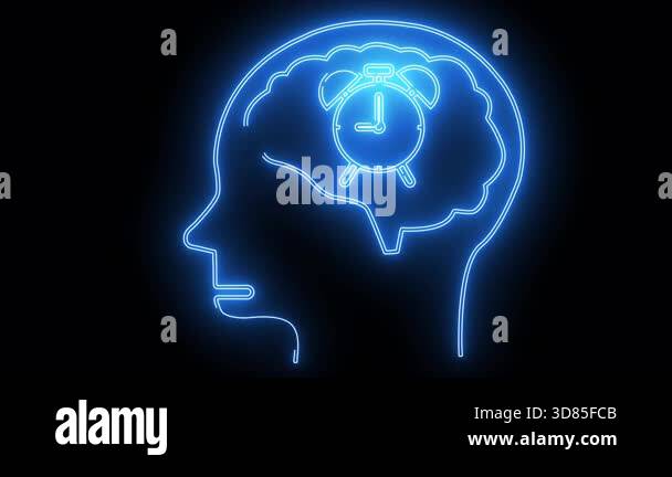 A blue neon outline shows a human head with a brain and an alarm clock ...