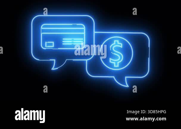 Two speech bubbles outlined in blue neon one has a credit card image ...