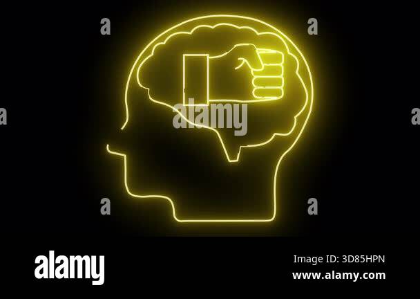Yellow neon head outline with a fist inside the brain area on a black ...