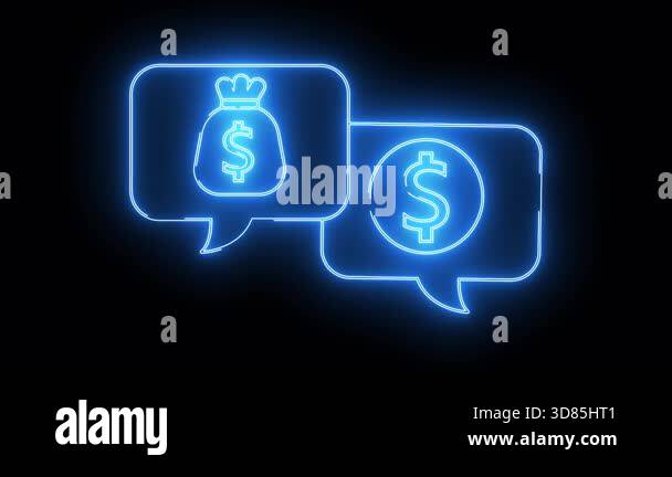 Two neon blue chat bubbles One has a money bag the other a coin both ...