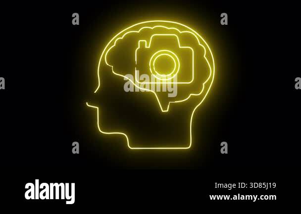 Yellow neon outline of a head brain and camera icon on a black ...