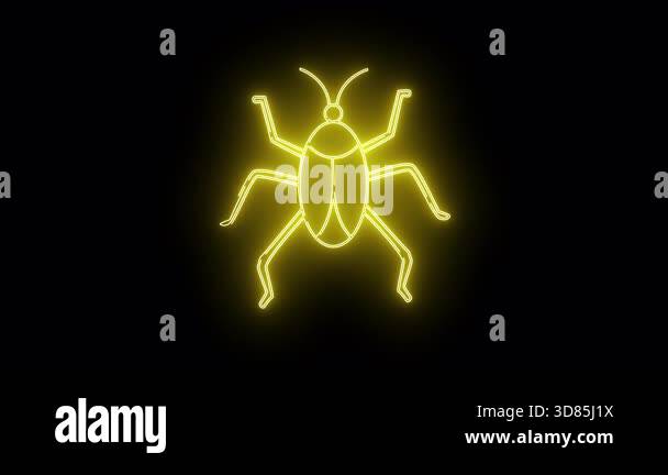 A glowing yellow neon beetle outline on a stark black background Stock ...