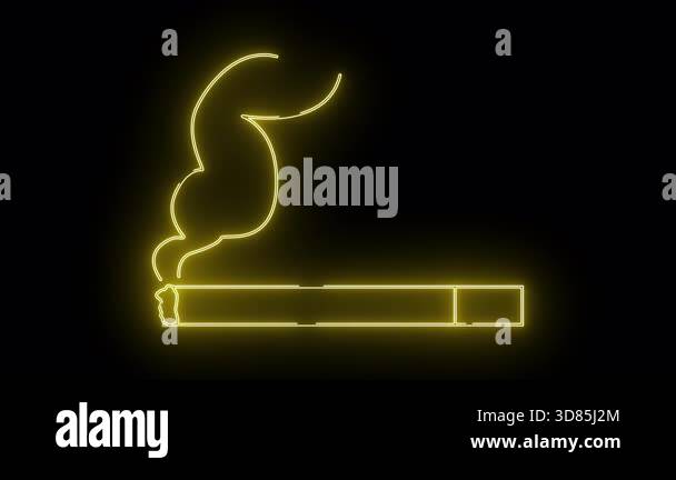 A glowing yellow neon sign depicts a smoking cigarette on a black ...