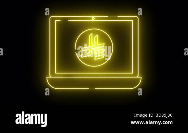 Illuminated yellow laptop with a circular symbol on screen stands out ...