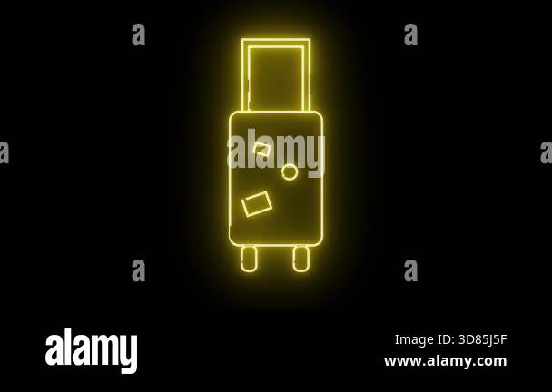 Illuminated yellow neon suitcase outline complete with handle wheels ...