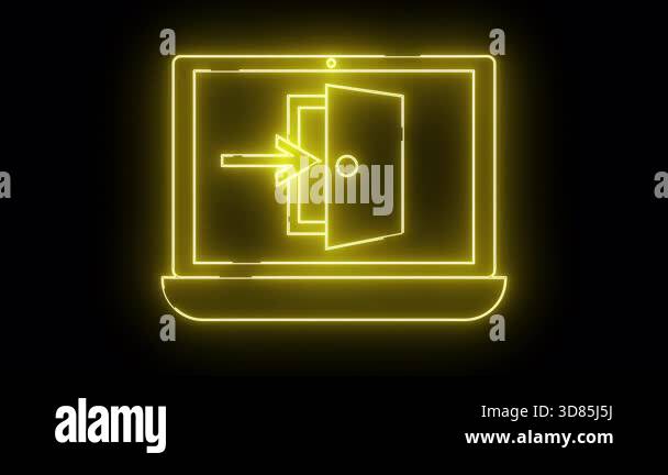Neon yellow laptop with door icon arrow indicating login on dark ...