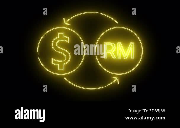 A yellow neon currency exchange sign depicting a dollar and ringgit ...