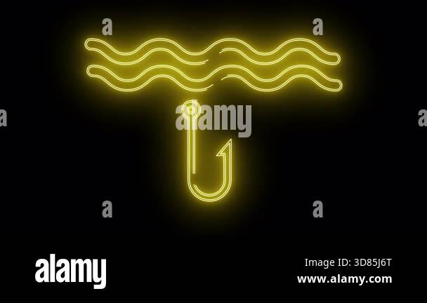 A bright yellow neon fishing hook descends below two wavy lines on a ...