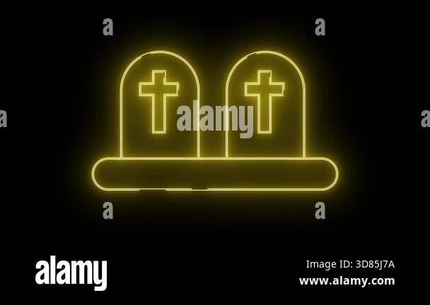 Neon yellow outlines of two tombstones with crosses on a black backdrop ...