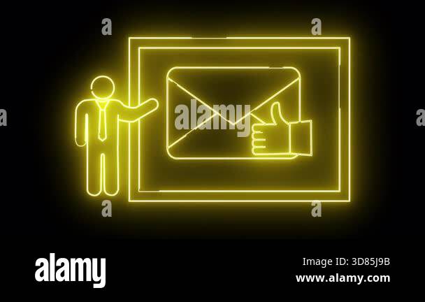 Yellow neon sign presenter pointing to envelope thumbsup icon inside ...