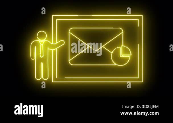 A neonyellowoutlined figure presents an email inside a frame with a pie ...