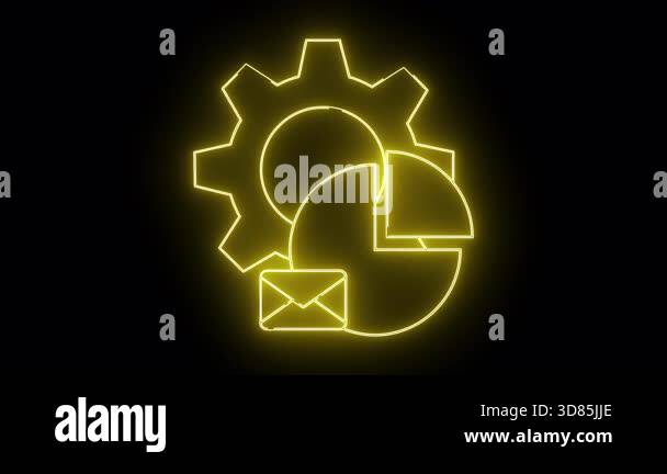 Glowing yellow neon graphic of cog pie chart and envelope centered on a ...
