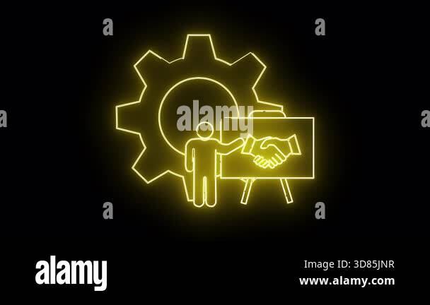Glowing yellow outline gear person presenting handshake on easel ...