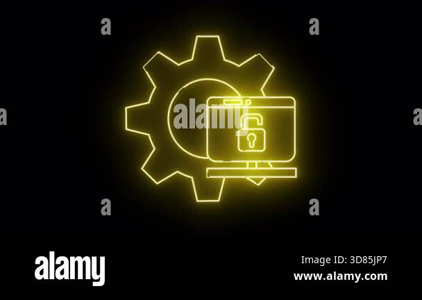 Yellow neon outline of gear computer screen and unlocked padlock on ...