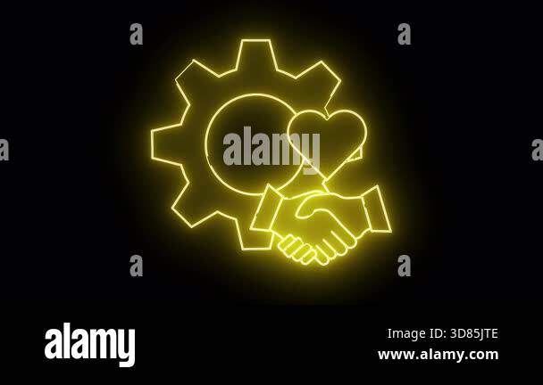 A yellow neon outline of a gear heart and handshake on a black ...