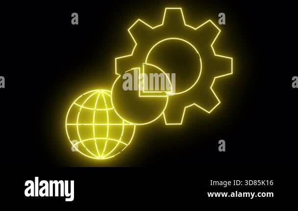 Glowing neon yellow icons globe pie chart and gear Stock Video Footage ...