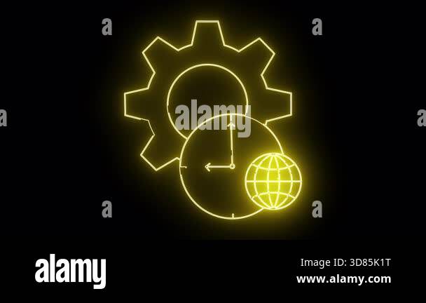 Neon yellow outline of a cog clock and globe on a black background ...