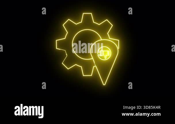 Neon cogwheel and location pin outline with thumbsdown icon inside the ...