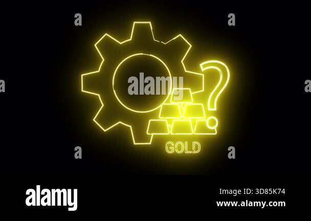 Glowing yellow neon gear outline gold bars question mark and the word ...