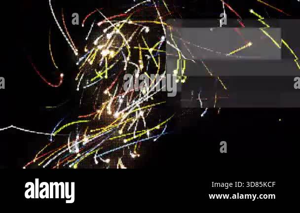 Colorful light particle trails with digital glitch effects moving ...
