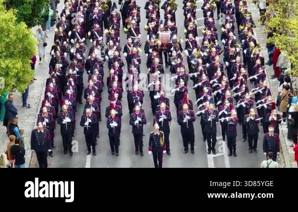High Angle View of Corfu Philharmonic Band Marching in Traditional ...
