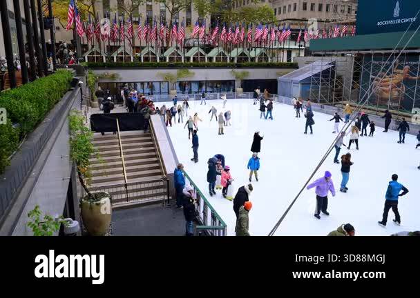 New York, USA, 8 November 2025: Ice rink crowd at Rockefeller Center ...