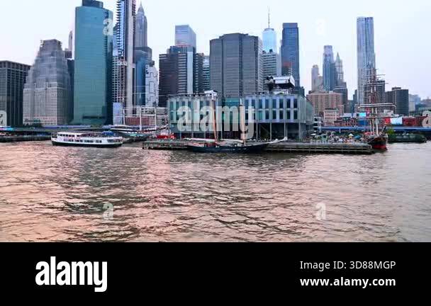 New York, USA, 8 August 2025: South Street Seaport and NYC skyline ...