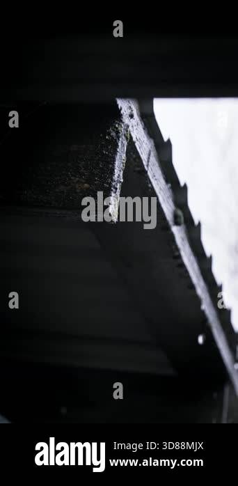 Water droplets fall steadily from a dark wooden roof edge covered in ...