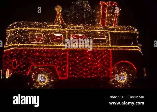 Christmas Bus. Red glitter sparkling bus.Outdoor Christmas decorations ...