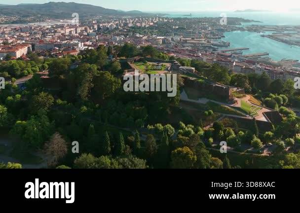 Aerial view of the historic Fortress of El Castro in Vigo, Pontevedra ...