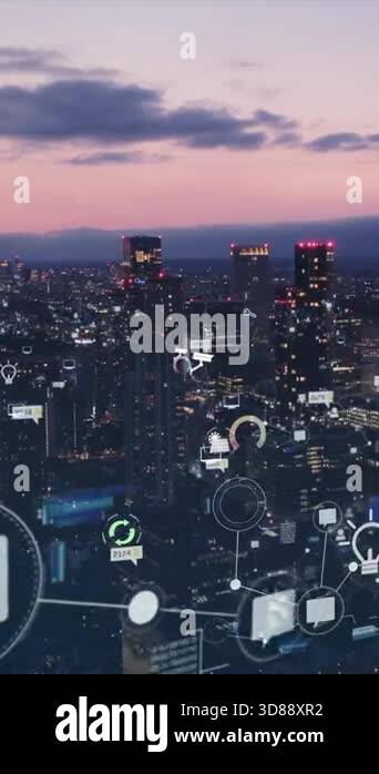 Londons skyline at dusk with digital overlay of icons representing ...