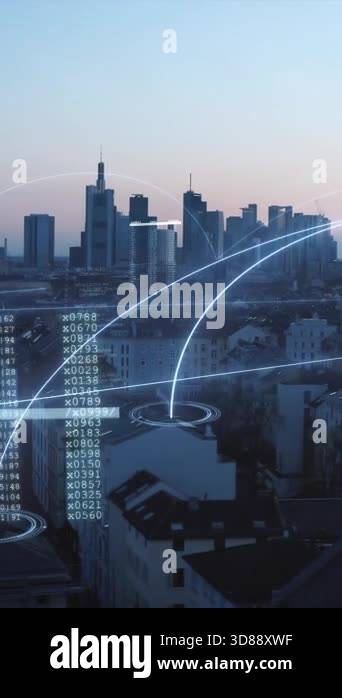 Digital lines connecting buildings in the Frankfurt skyline at sunset ...