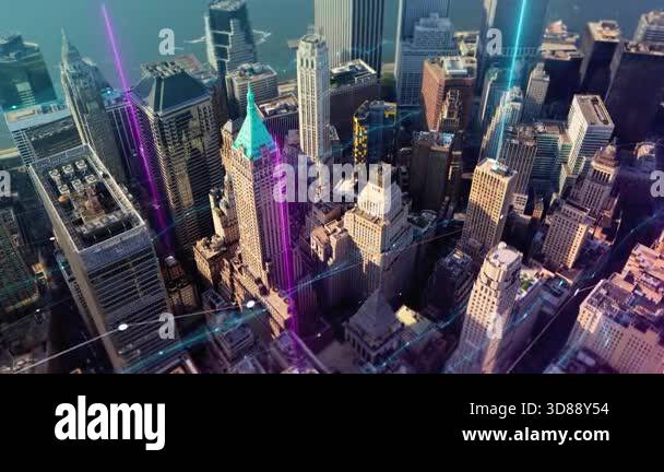 Aerial view of a financial district showing urban network technology ...