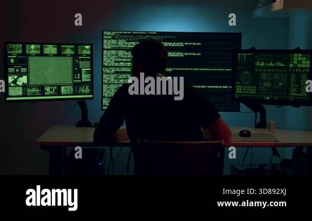 night workstation with multi monitor screens silhouette man debugging ...