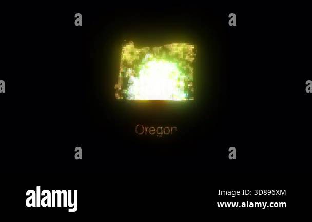 Oregon map glowing and dynamically transforming against dark background ...