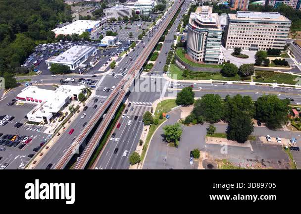 Aerial view of Tysons Virginia with metro line and modern buildings ...