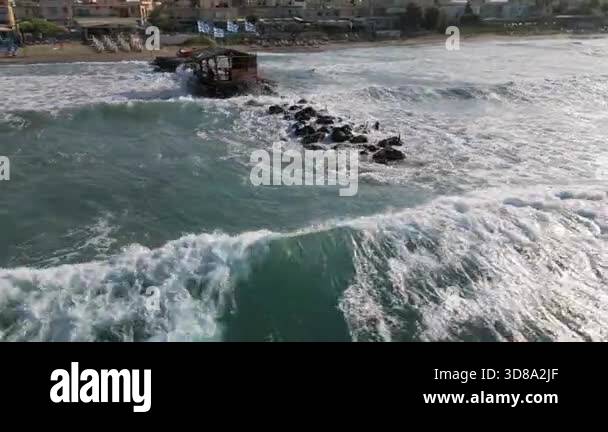 Aerial, panoramic view of the northern coast of the island of Crete ...