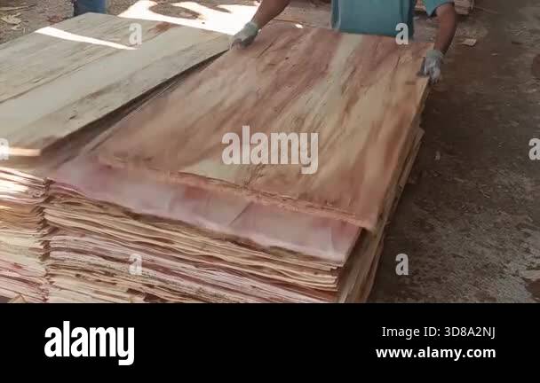 A large stack of freshly cut wood veneer sheets, showcasing natural ...