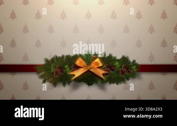 gold bow pine garland on wallpaper, horizontal deep red ribbon with ...