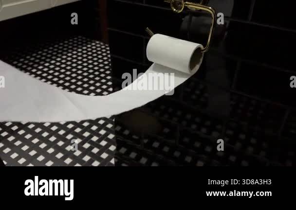 Hands taking toilet paper from a wall mounted toilet paper roll ...