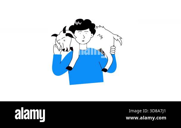 A man carrying goat on his shoulders, concept animated illustration of ...