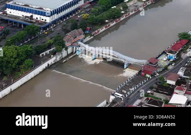 Aerial footage of the Tirtonadi Rubber Dam in Solo, Central Java ...